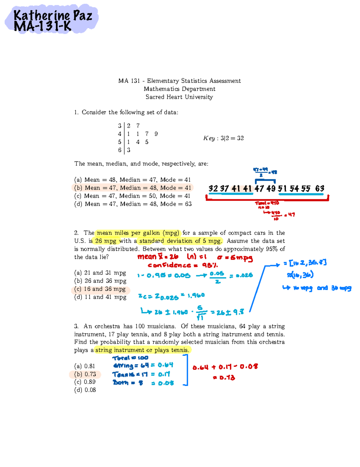 Final Assessment - MA 131 - Elementary Statistics Assessment ...