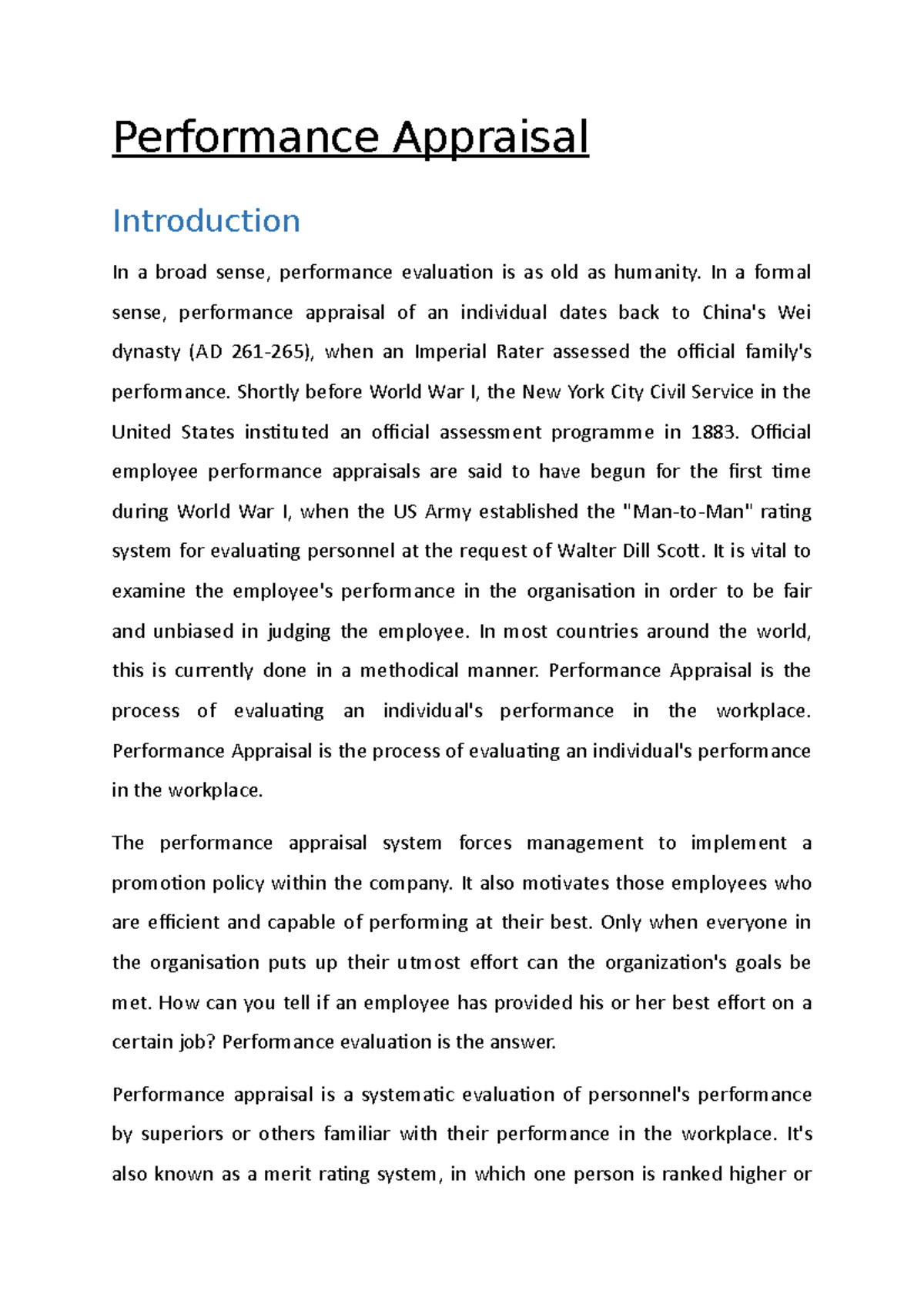 Performance Appraisal - Performance Appraisal Introduction In a broad ...