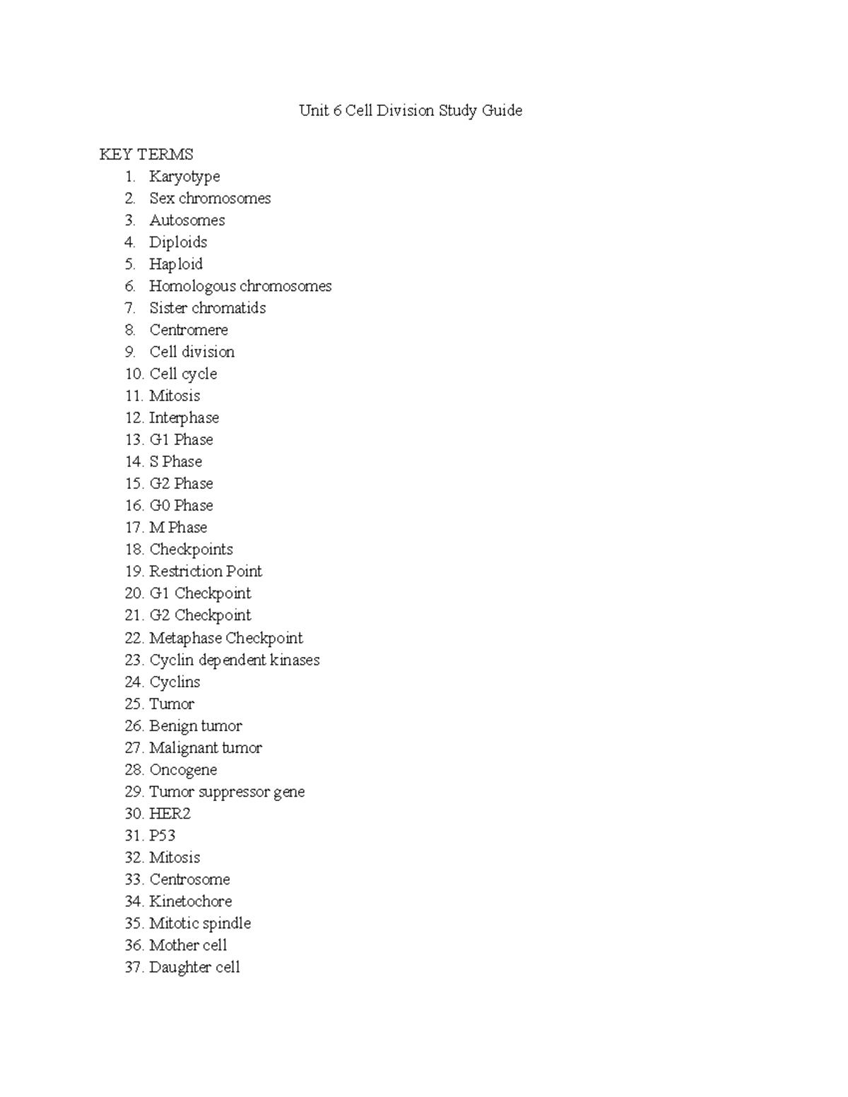 Bio 151, unit 6 study guide - Unit 6 Cell Division Study Guide KEY ...