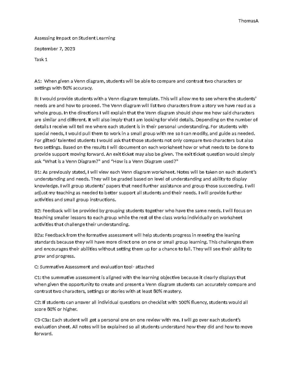 Assessing impact task 1 - Assessing Impact on Student Learning ...