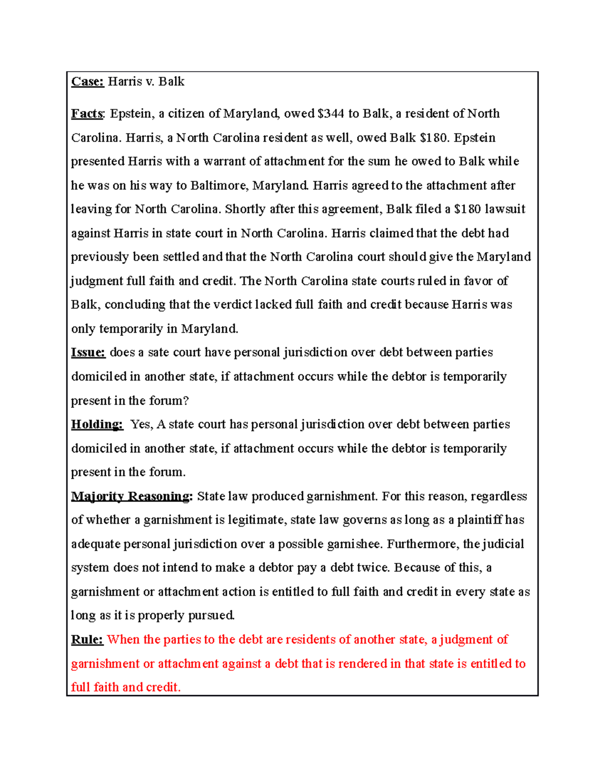 Harris v. Balk - dddd - Case: Harris v. Balk Facts: Epstein, a citizen ...