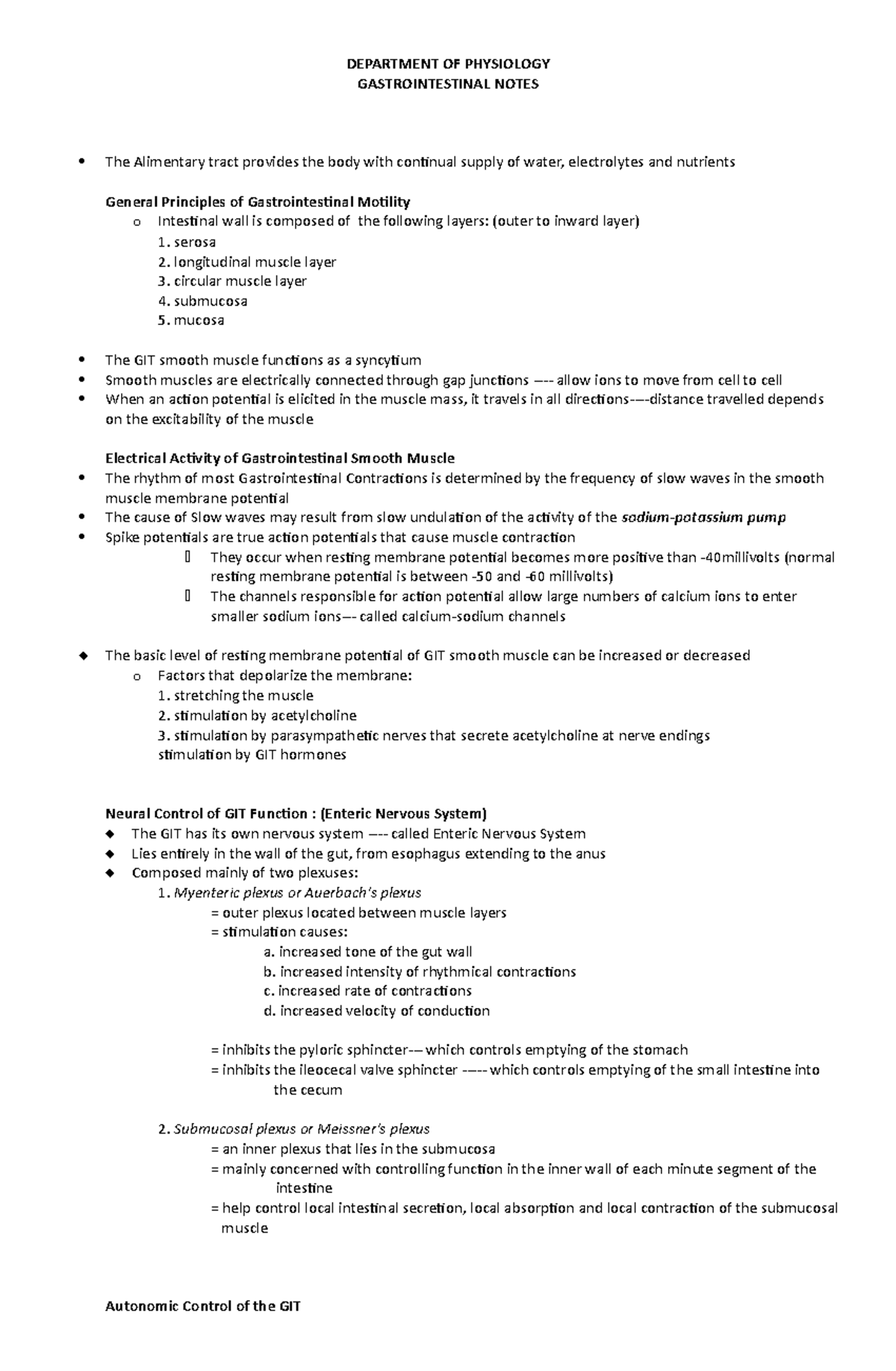 GIT Notes - DEPARTMENT OF PHYSIOLOGY GASTROINTESTINAL NOTES The ...