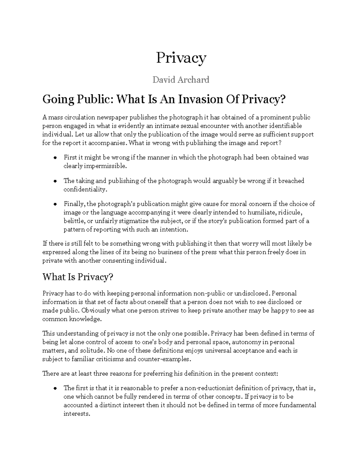 Privacy - Summary Philosophy Honours - Privacy David Archard Going ...