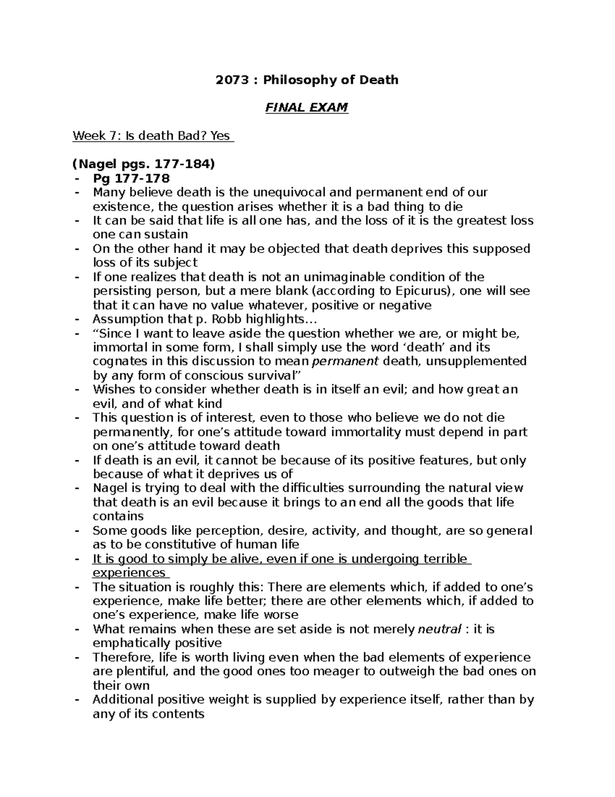 2073 Death Reading Notes - 2073 : Philosophy of Death FINAL EXAM Week 7 ...