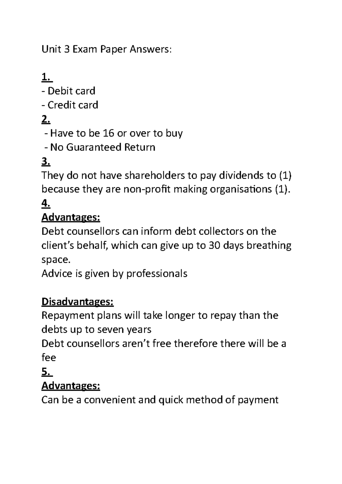Unit 3 Exam Paper Answers - Unit 3 Exam Paper Answers: 1. Debit card ...