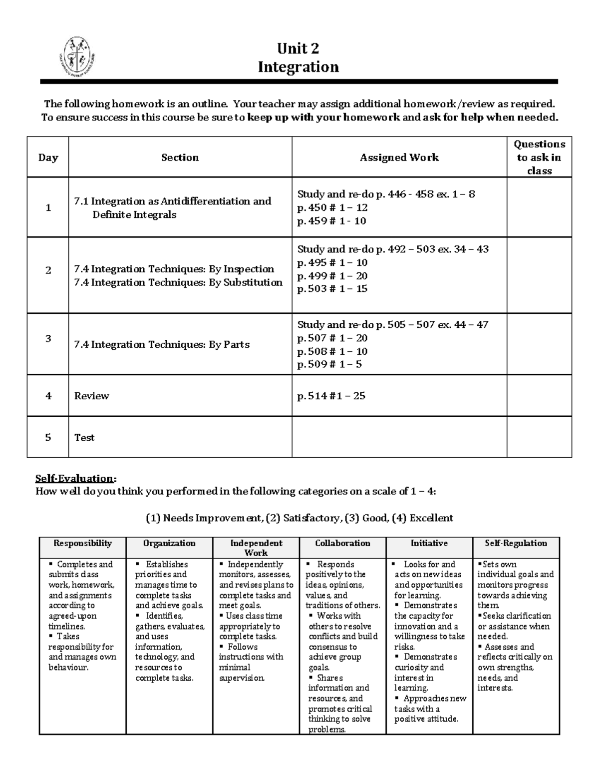 Unit 2 Workbook - Math practice for HL Year 2 - Unit 2 Integration The ...