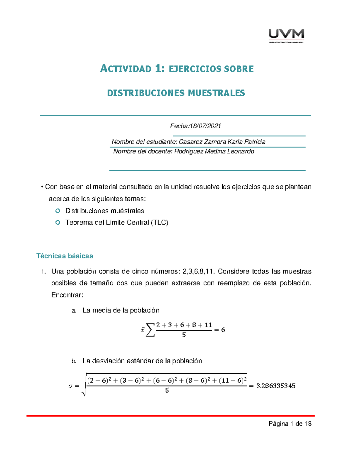 Probabilidad y estadística actividad 1 - ACTIVIDAD 1: EJERCICIOS SOBRE DISTRIBUCIONES MUESTRALES ...