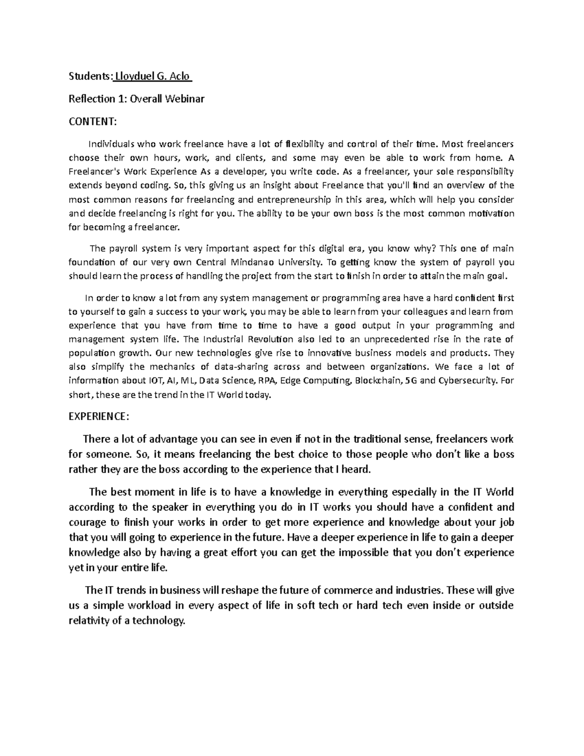 CERA ACLO - vvmhvhmv - Students: Lloyduel G. Aclo Reflection 1: Overall ...