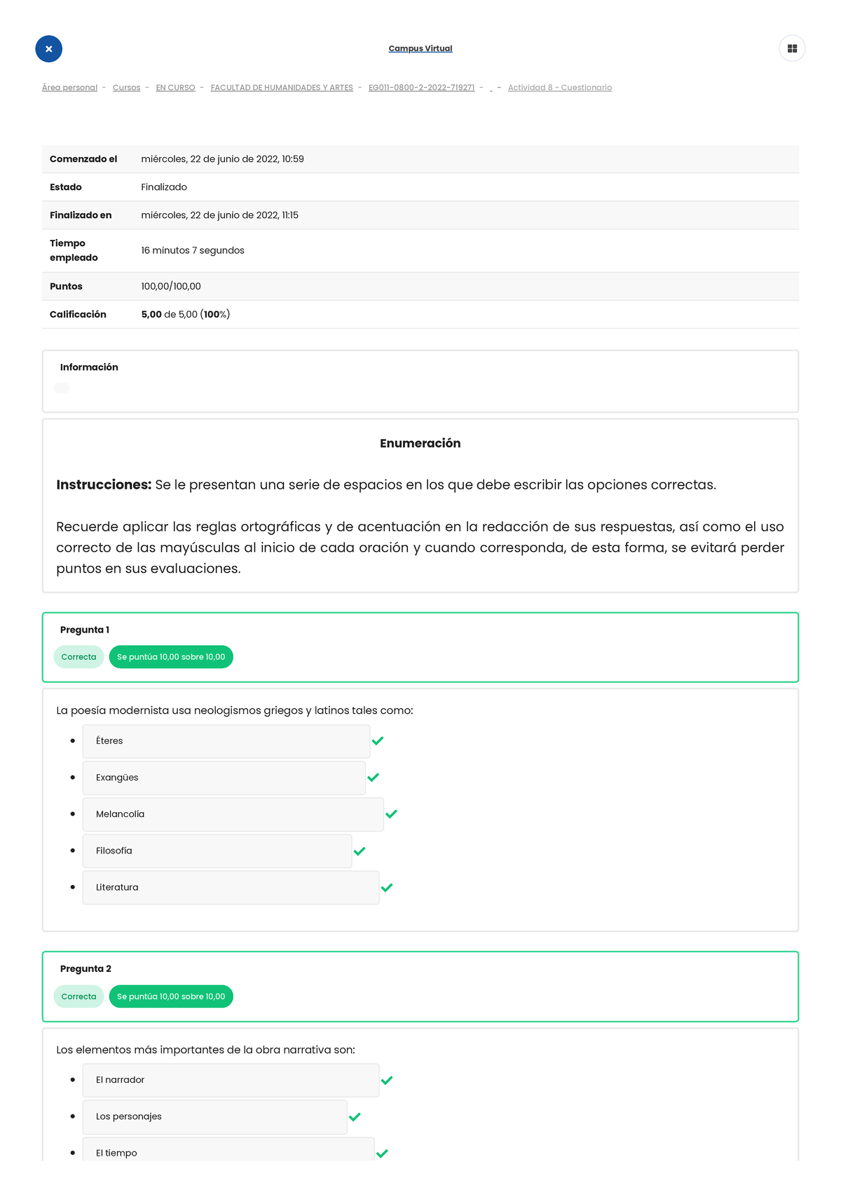 Actividad 8 - Cuestionario - Español General EG011 - Área personal - Cursos - EN CURSO ...