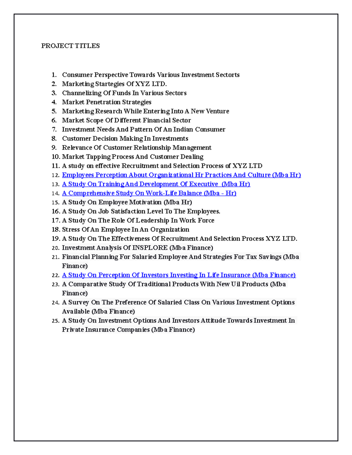 Project Titles-1-1 - Research paper - PROJECT TITLES Consumer ...