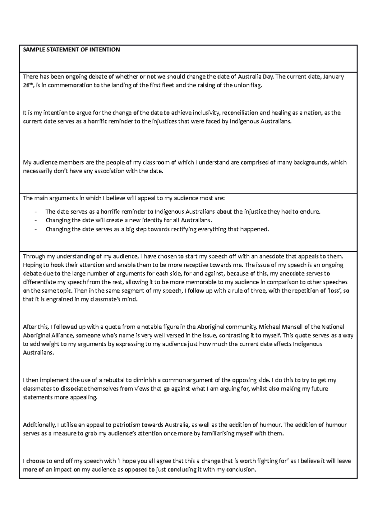 Statement of intention Nay Speech - SAMPLE STATEMENT OF INTENTION There ...