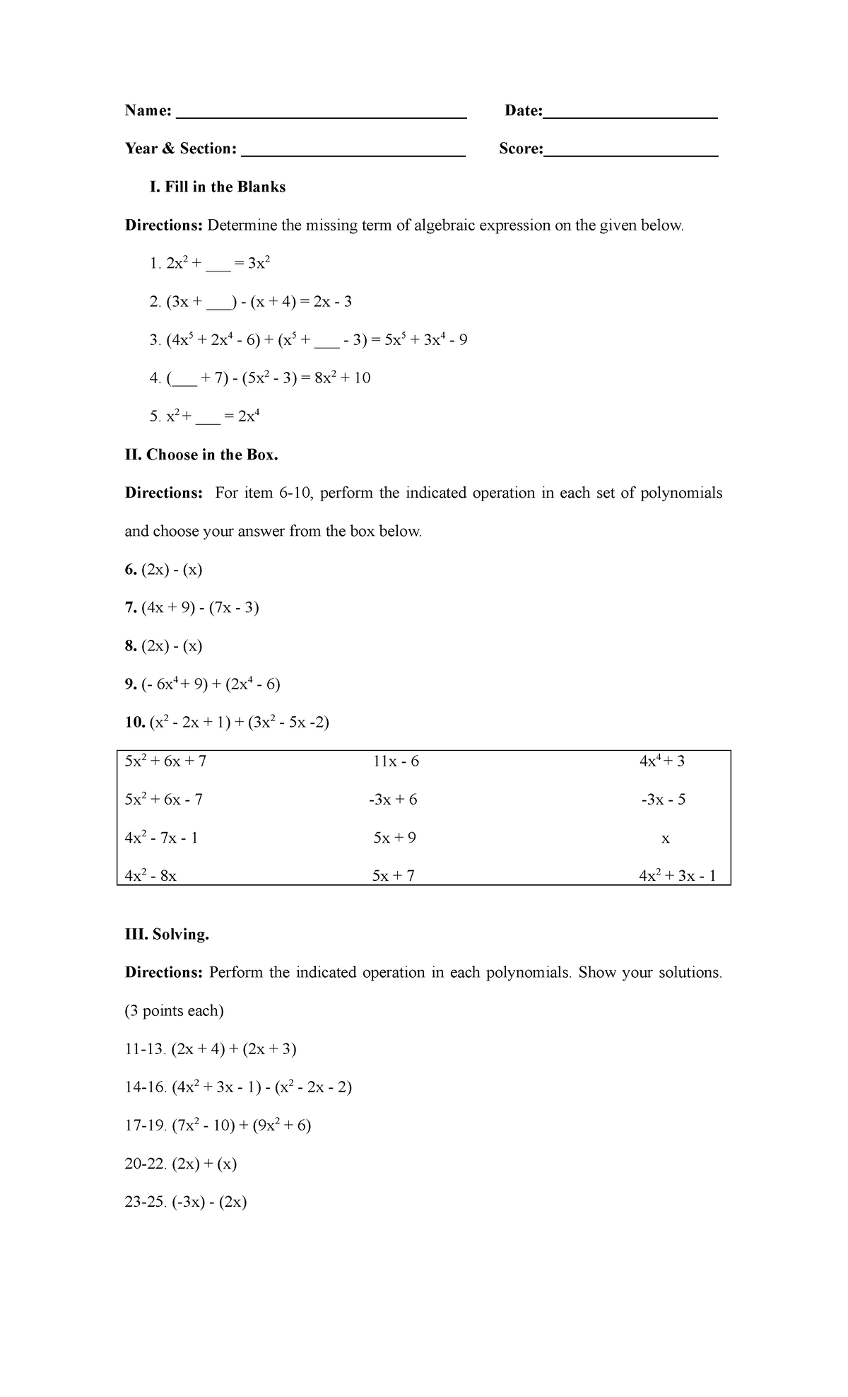 PRE TEST - Addition and Subtraction of Polynomials - Name