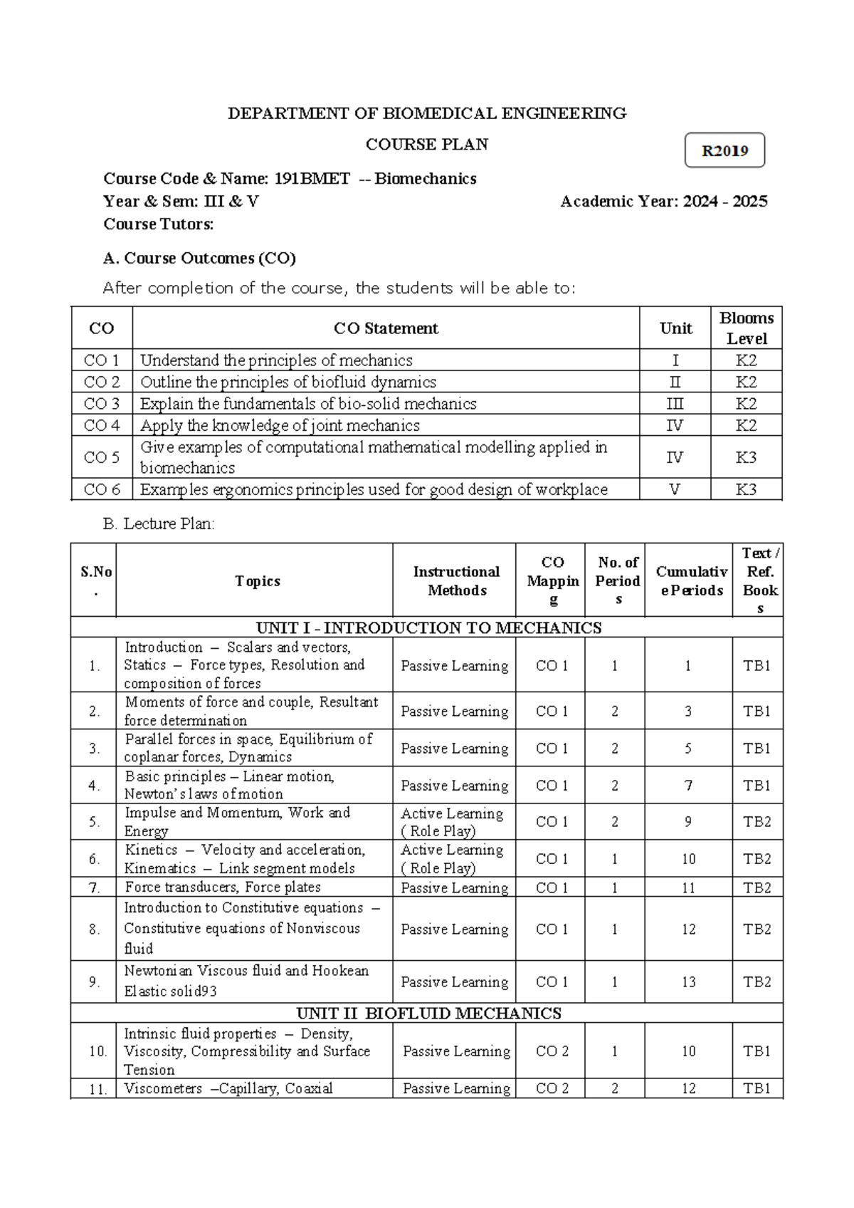 Biomechanics Course Plan - DEPARTMENT OF BIOMEDICAL ENGINEERING COURSE ...