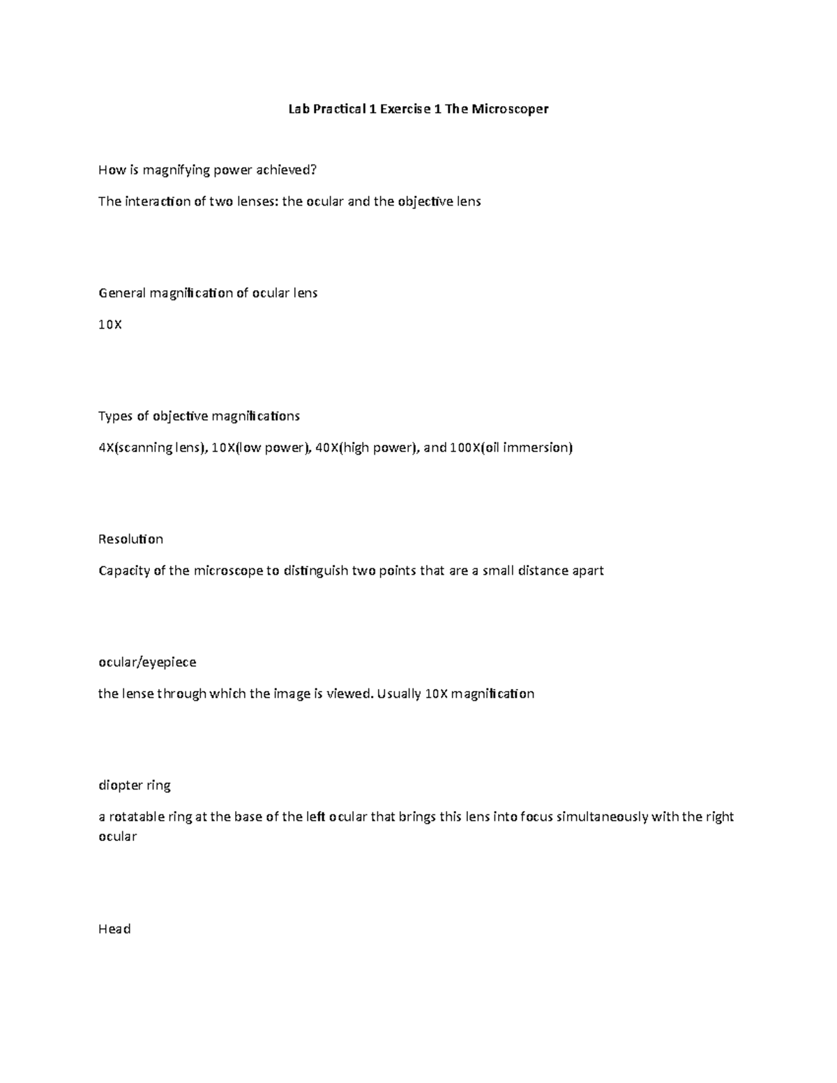 Lab Practical 1 Exercise 1 The Microscoper - Lab Practical 1 Exercise 1 ...