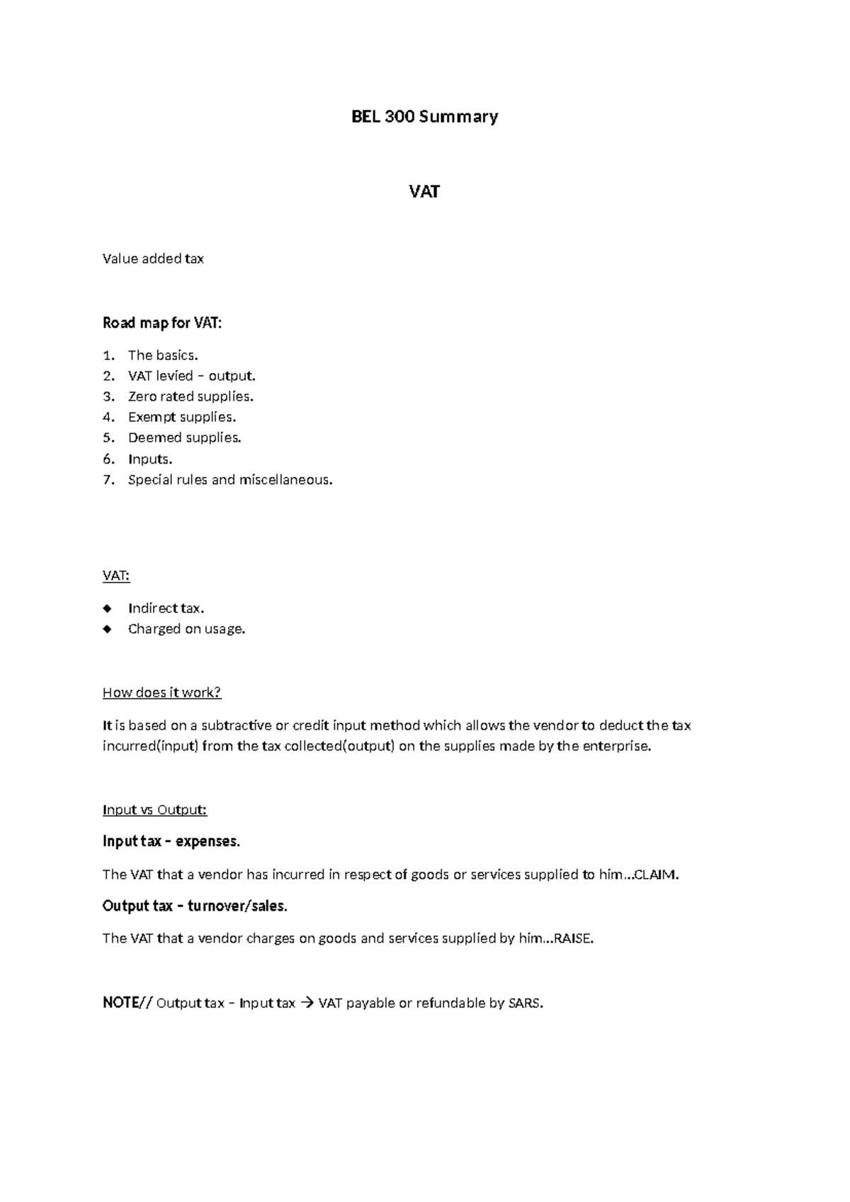 BEL 300 Summary - summaries - BEL 300 Summary VAT Value added tax Road ...
