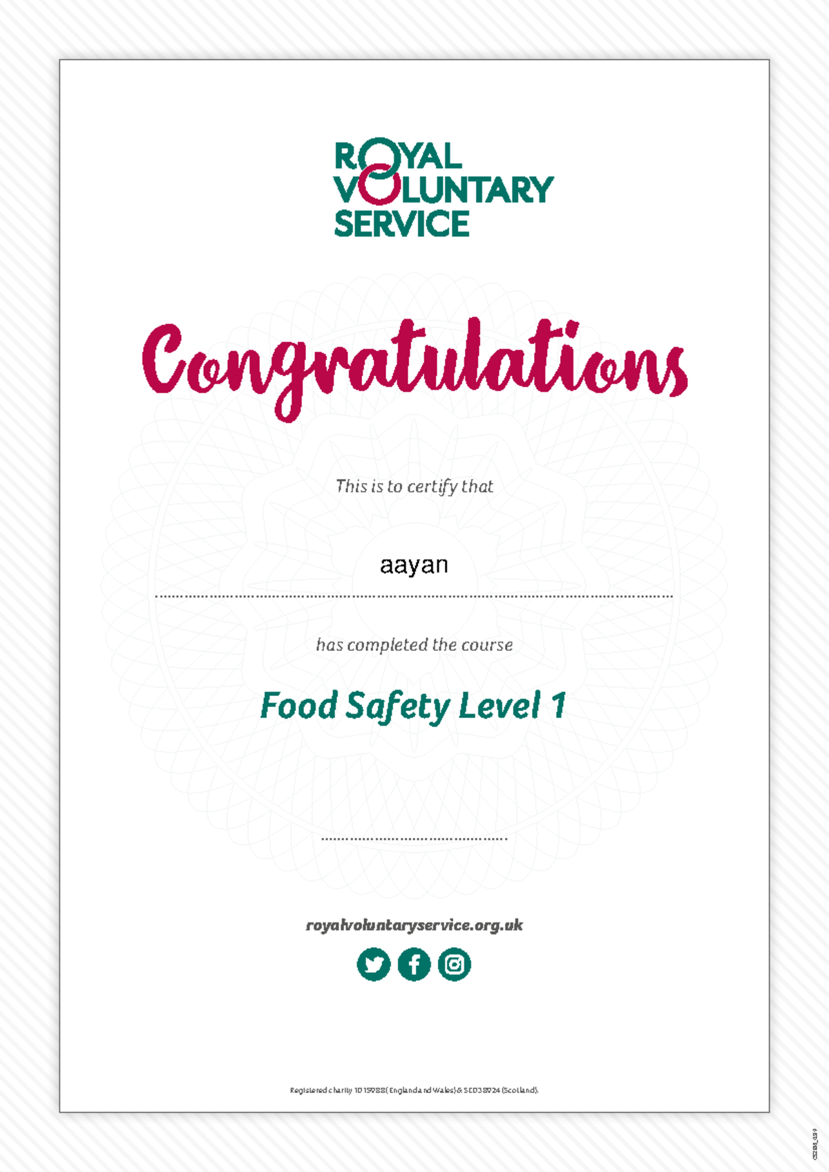 Food Safety Level 1 Certificate - CL1 - Congratulations has completed ...