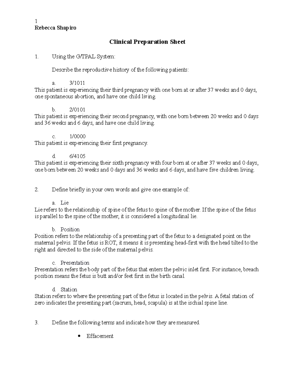 Preparation for Clinical 1 - Rebecca Shapiro Clinical Preparation Sheet ...