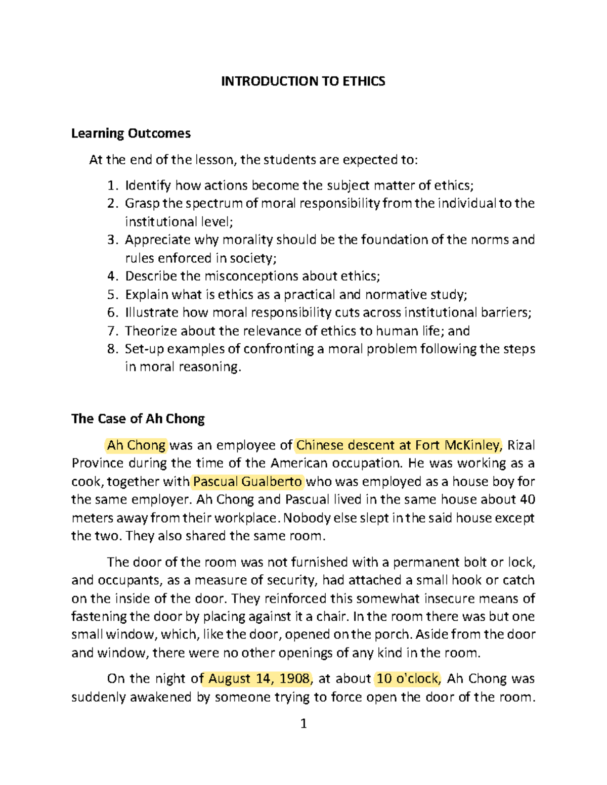 A. Introduction to Ethics - INTRODUCTION TO ETHICS Learning Outcomes At ...