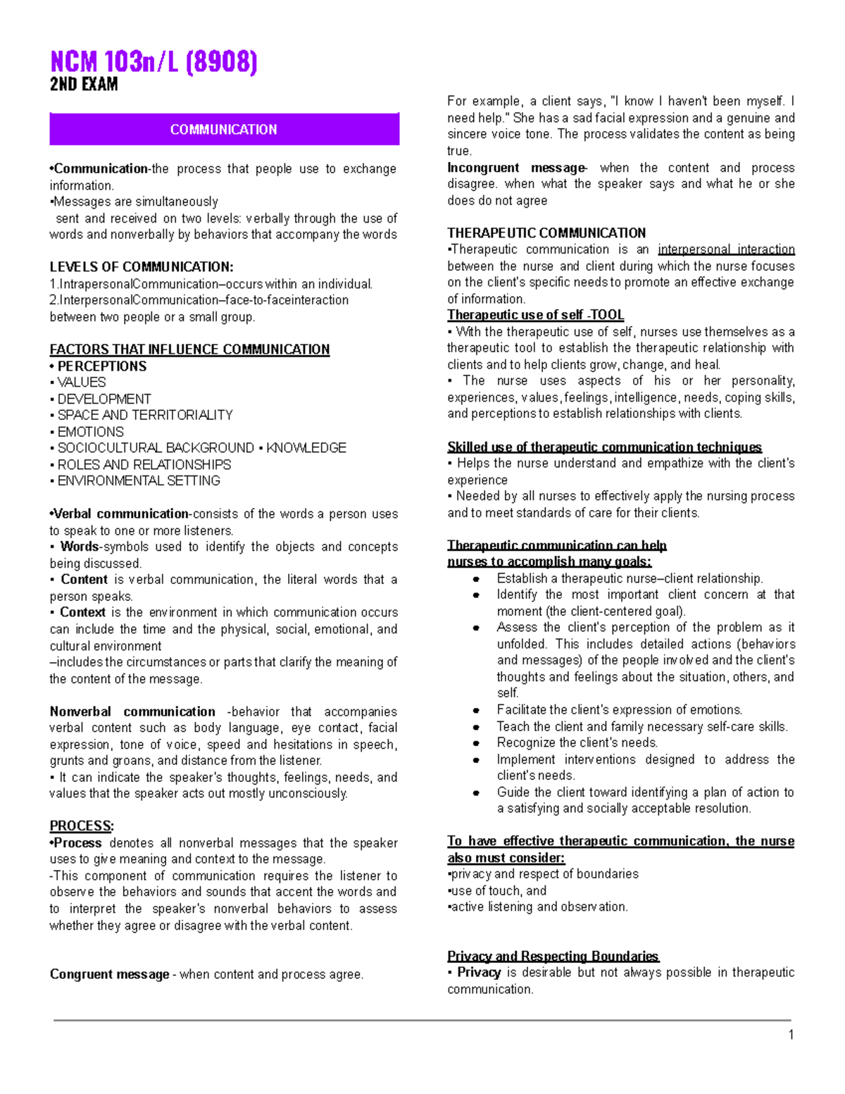 Funda Lecture Notes - 2ND EXAM COMMUNICATION •Communication-the process ...