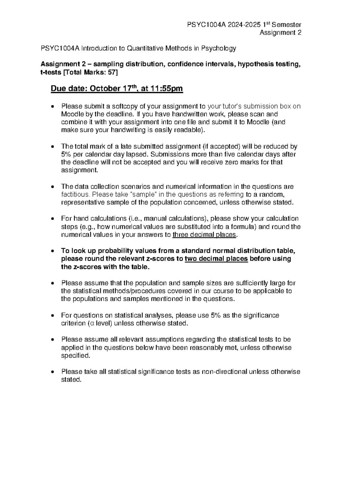 PSYC1004 Assignment 2 - Assignment 2 PSYC 1004 A Introduction to Quantitative Methods in ...