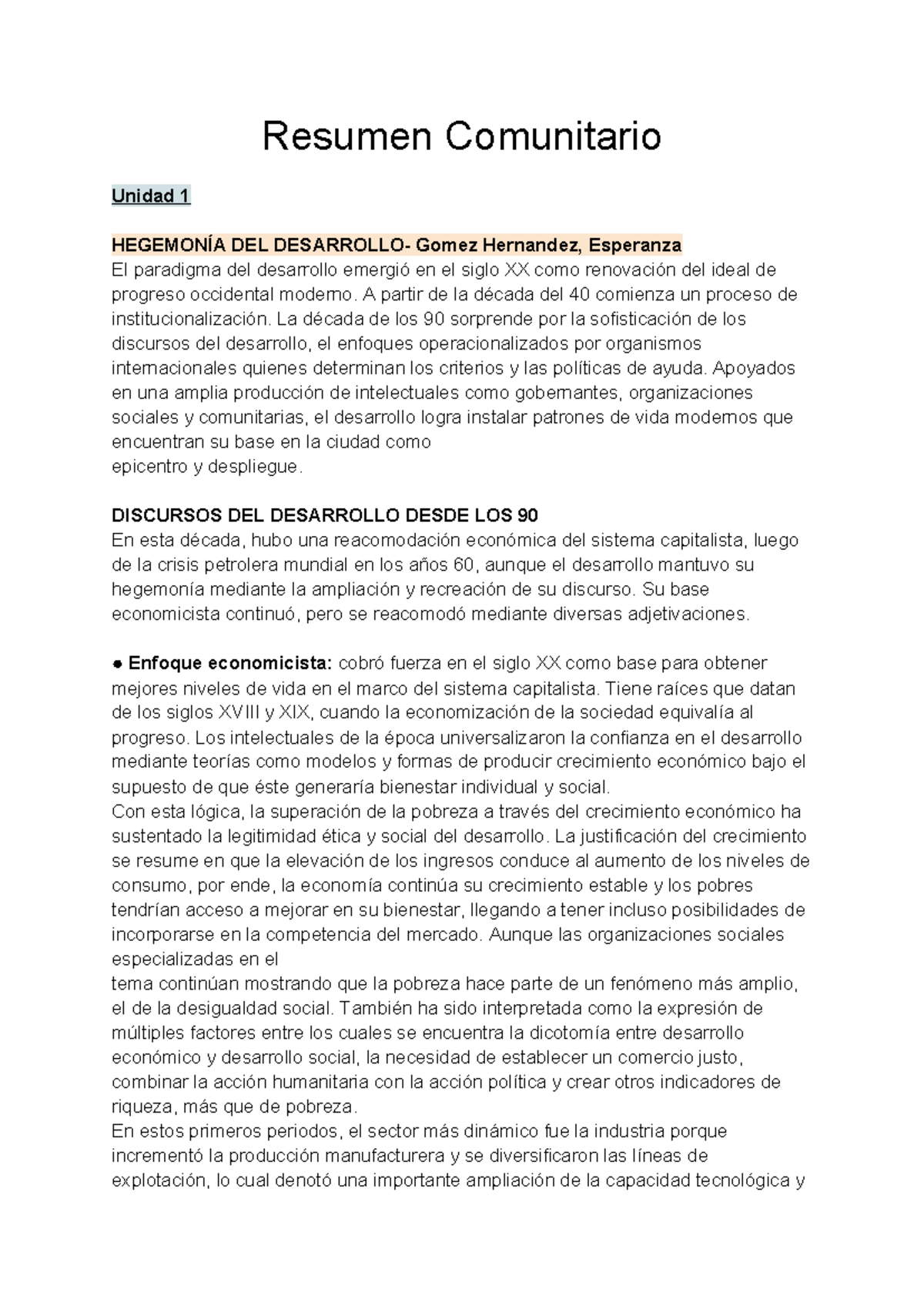 Resumen Comunitario - Resumen Comunitario Unidad 1 HEGEMONÍA DEL DESARROLLO- Gomez Hernandez ...