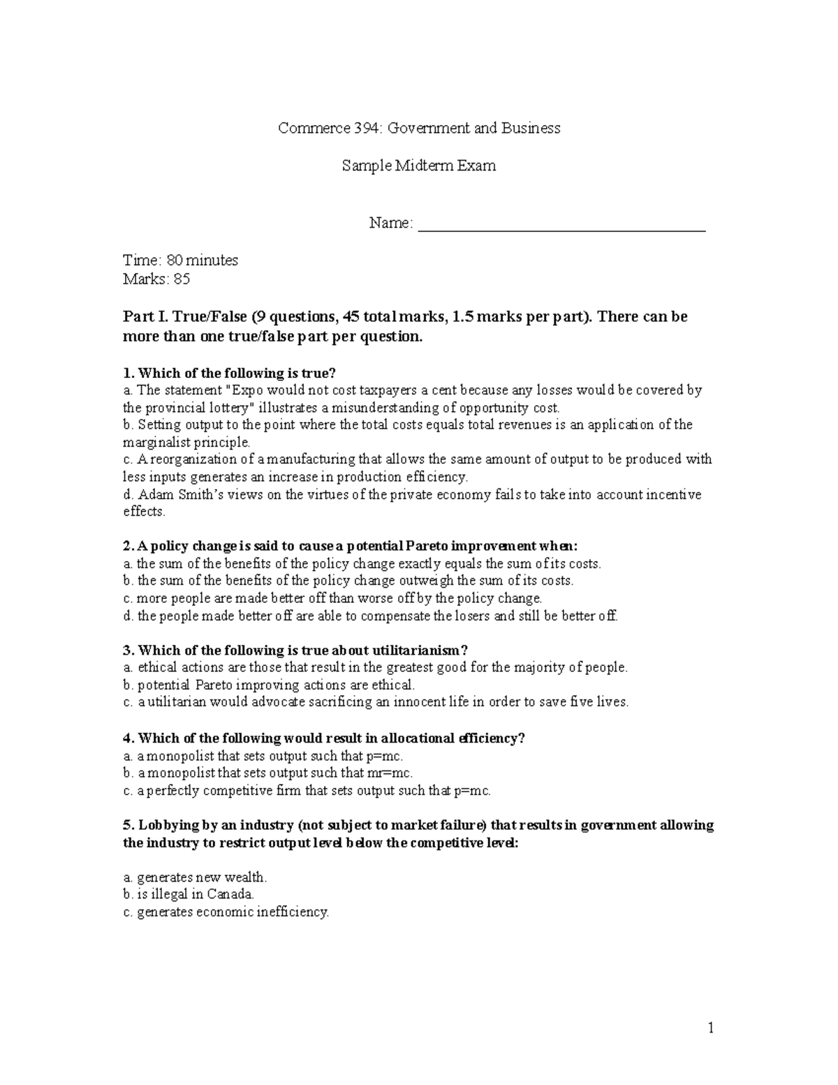 Midterm exam, questions and answers - Commerce 394: Government and ...