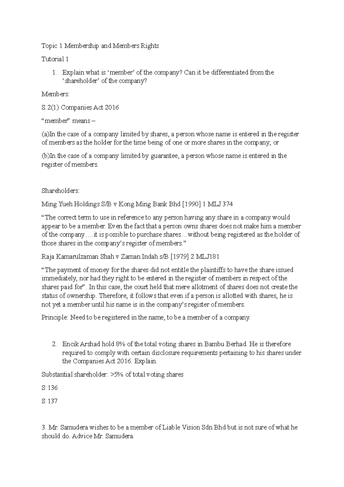 Tutorial I - Week 2 - Topic 1 Membership and Members Rights Tutorial 1 ...