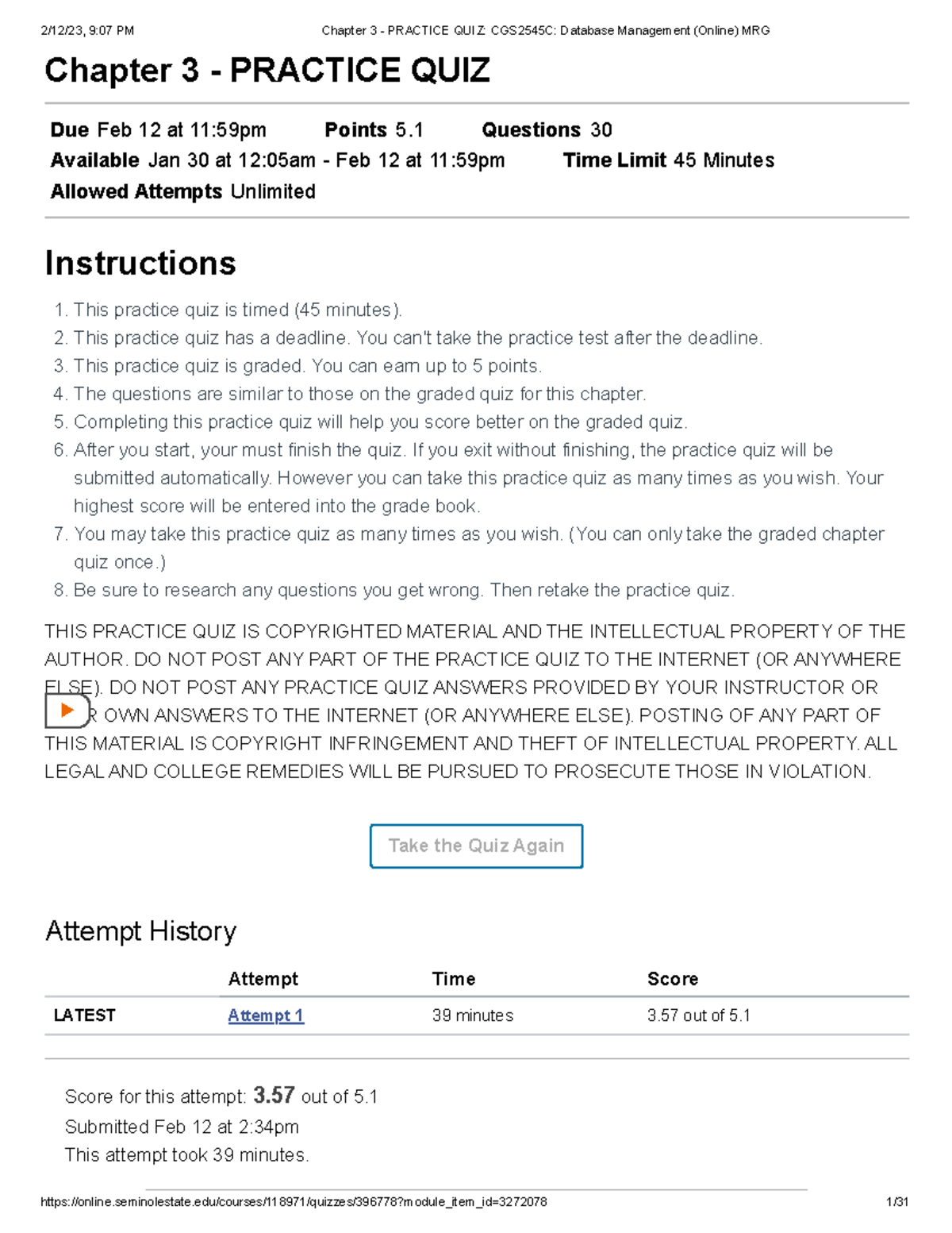 Chapter 3 - Practice QUIZ CGS2545C Database Management (Online) MRG - Chapter 3 - PRACTICE QUIZ ...