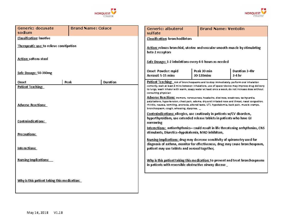 Nursing Medication Cards - May 16, 2018 V1. Generic: docusate sodium ...
