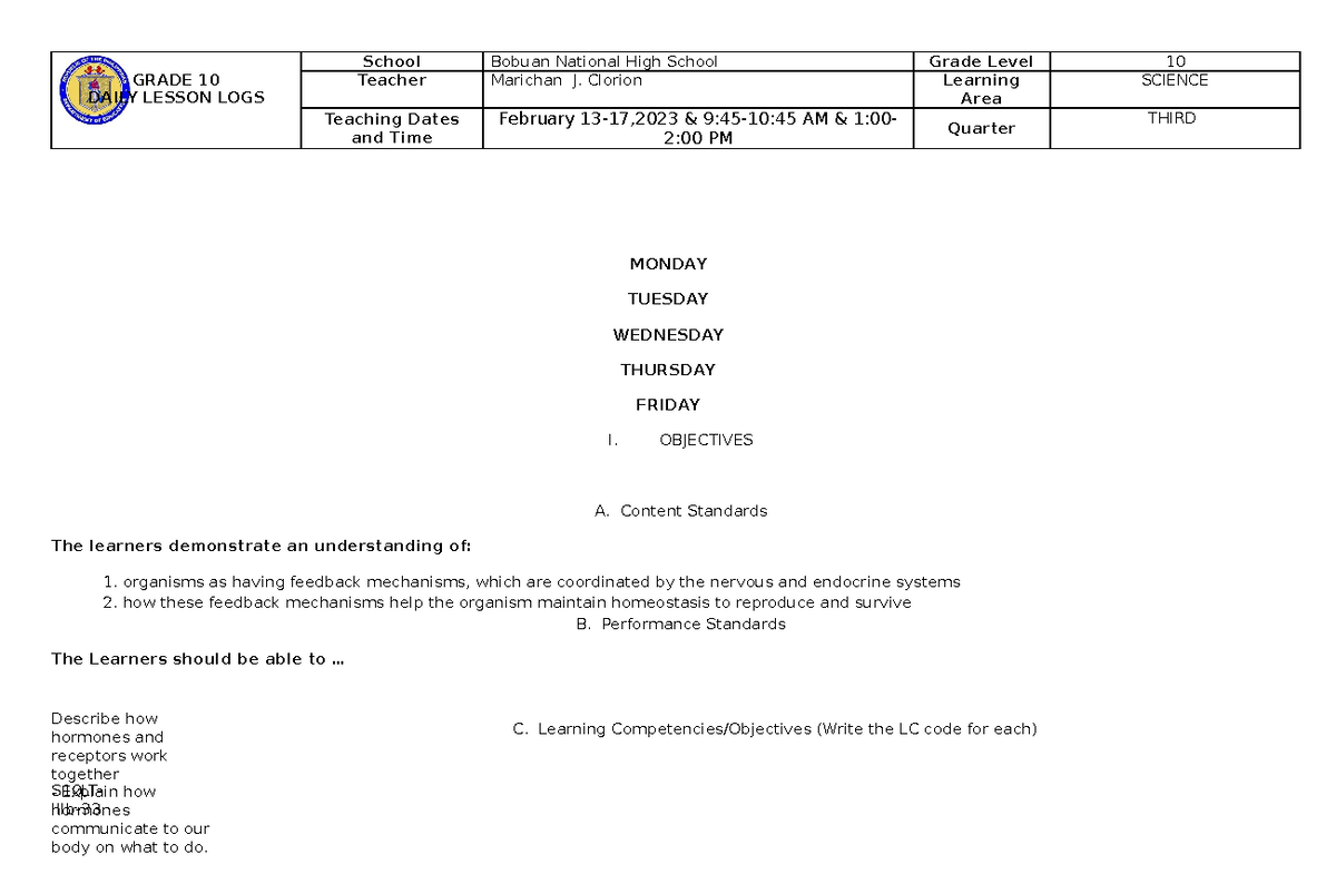JHS Lesson LOG G-10 Science 1 - ####### GRADE 10 ####### DAILY LESSON ...