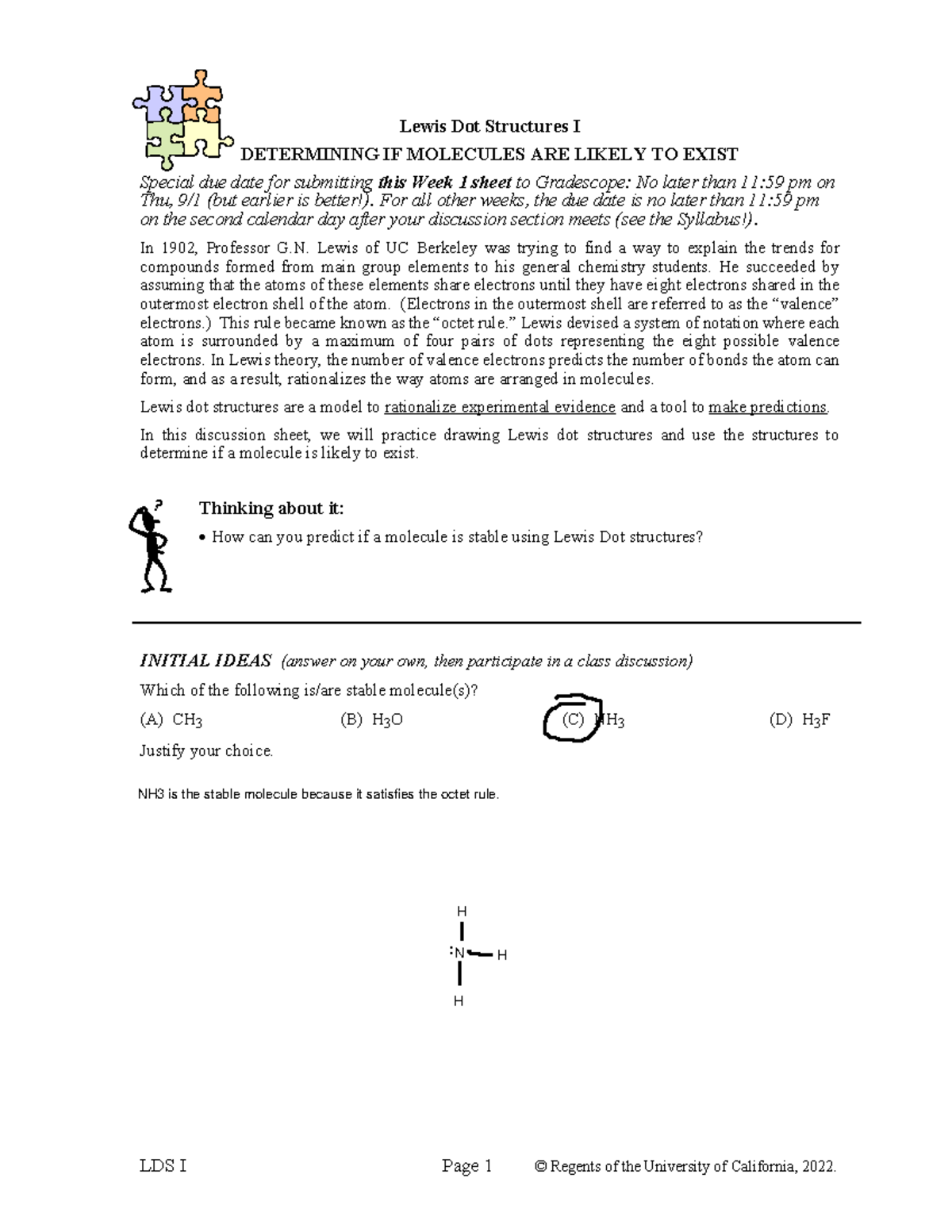 1 - Worksheet for Chem 1A. - Lewis Dot Structures I DETERMINING IF ...