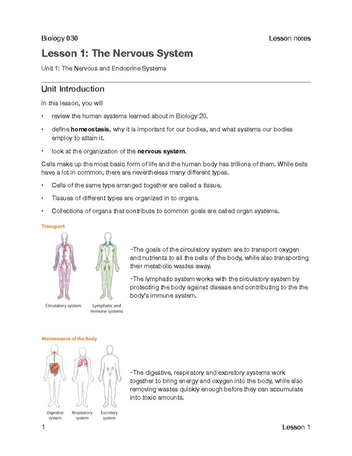 Lesson 1 student notes - Lesson 1: The Nervous System Unit 1: The ...