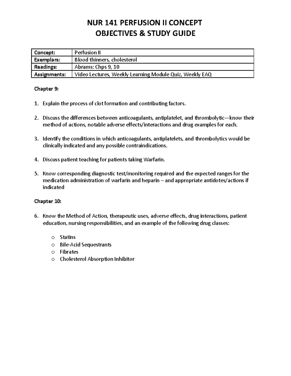 Study Guide Perfusion II Blood Thinners and cholesterol - NUR 141 ...