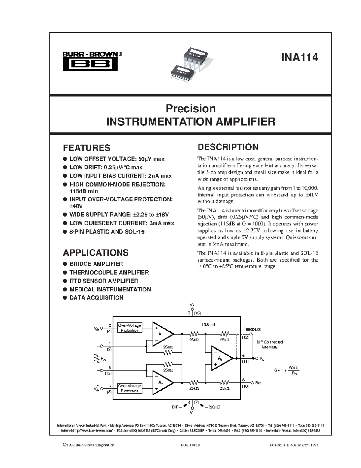 INA114 - hoja de datos amp de instrumentacion - ® 1 INA FEATURES l LOW ...