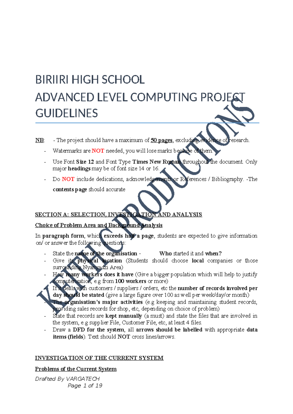 A Level Project Guide 1 Biriiri - BIRIIRI HIGH SCHOOL ADVANCED LEVEL ...