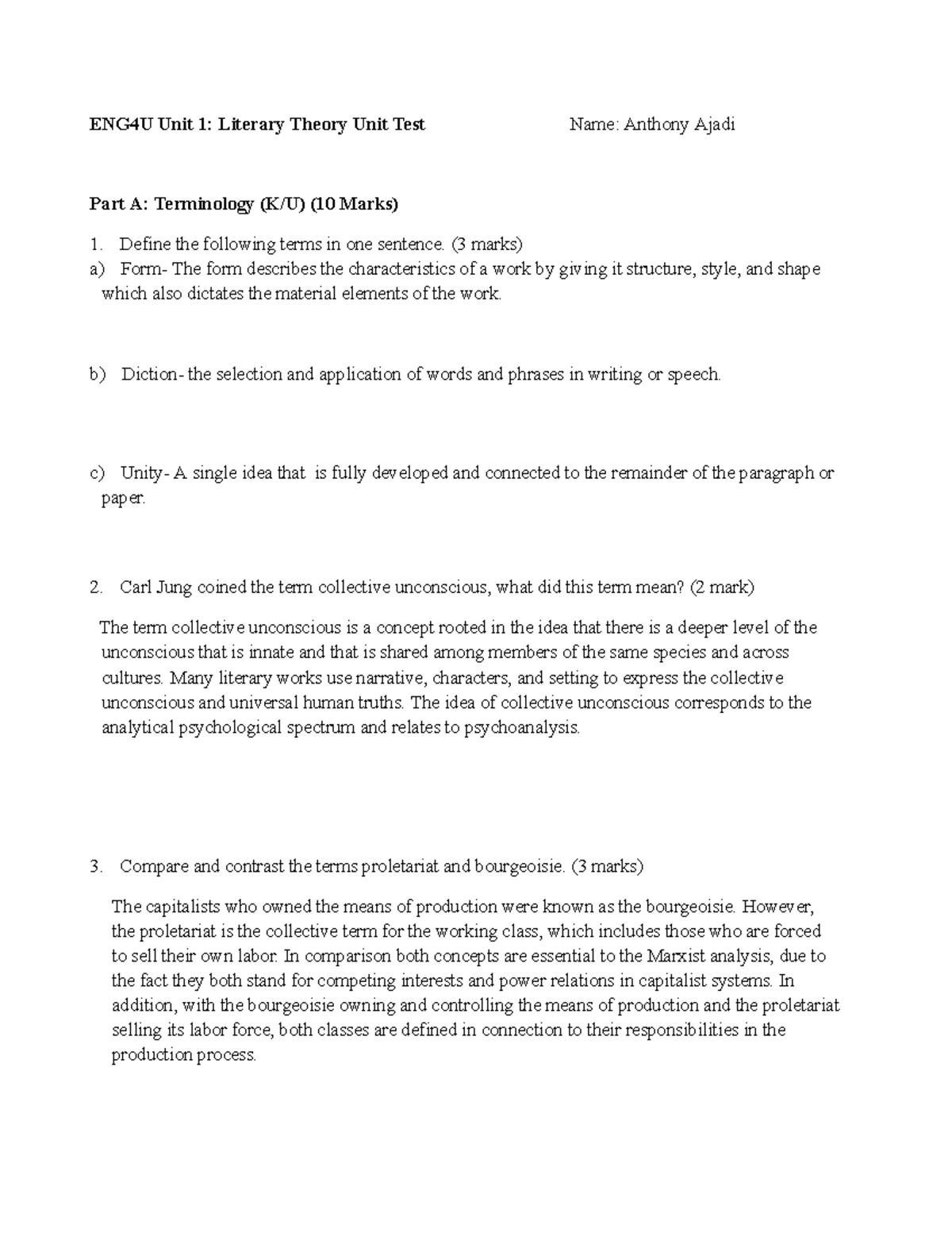 ENG4U Unit 1 Literary Theory Unit Test - (3 marks) a) Form- The form ...