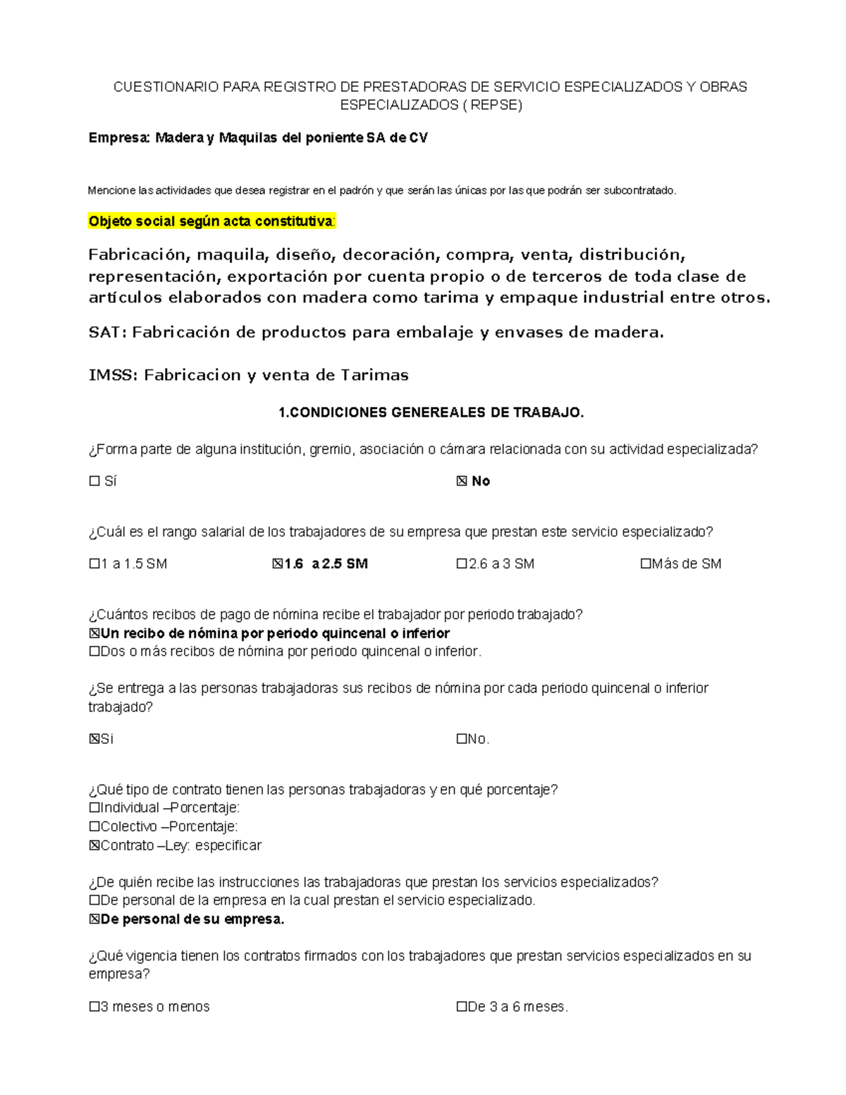 Formato- Cuestionario Registro Repse - CUESTIONARIO PARA REGISTRO DE ...