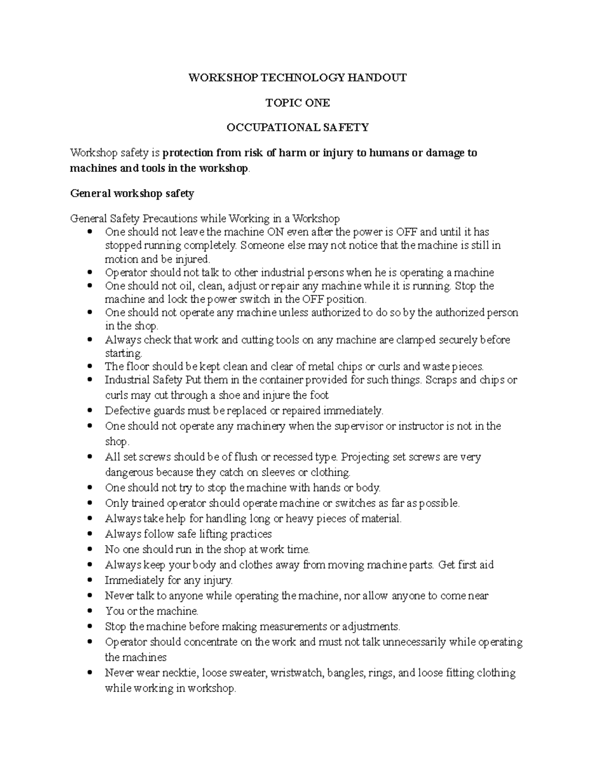 Workshop Practice Notes - WORKSHOP TECHNOLOGY HANDOUT TOPIC ONE ...