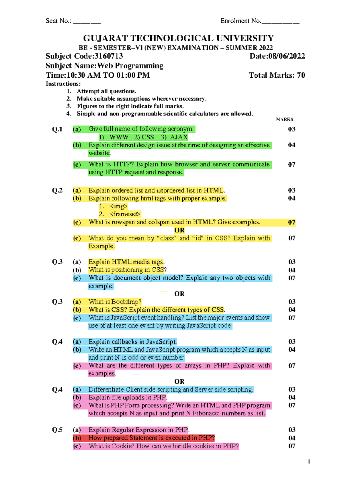WP PYQ - Summary computer engineering - Seat No.: ________ Enrolment No ...