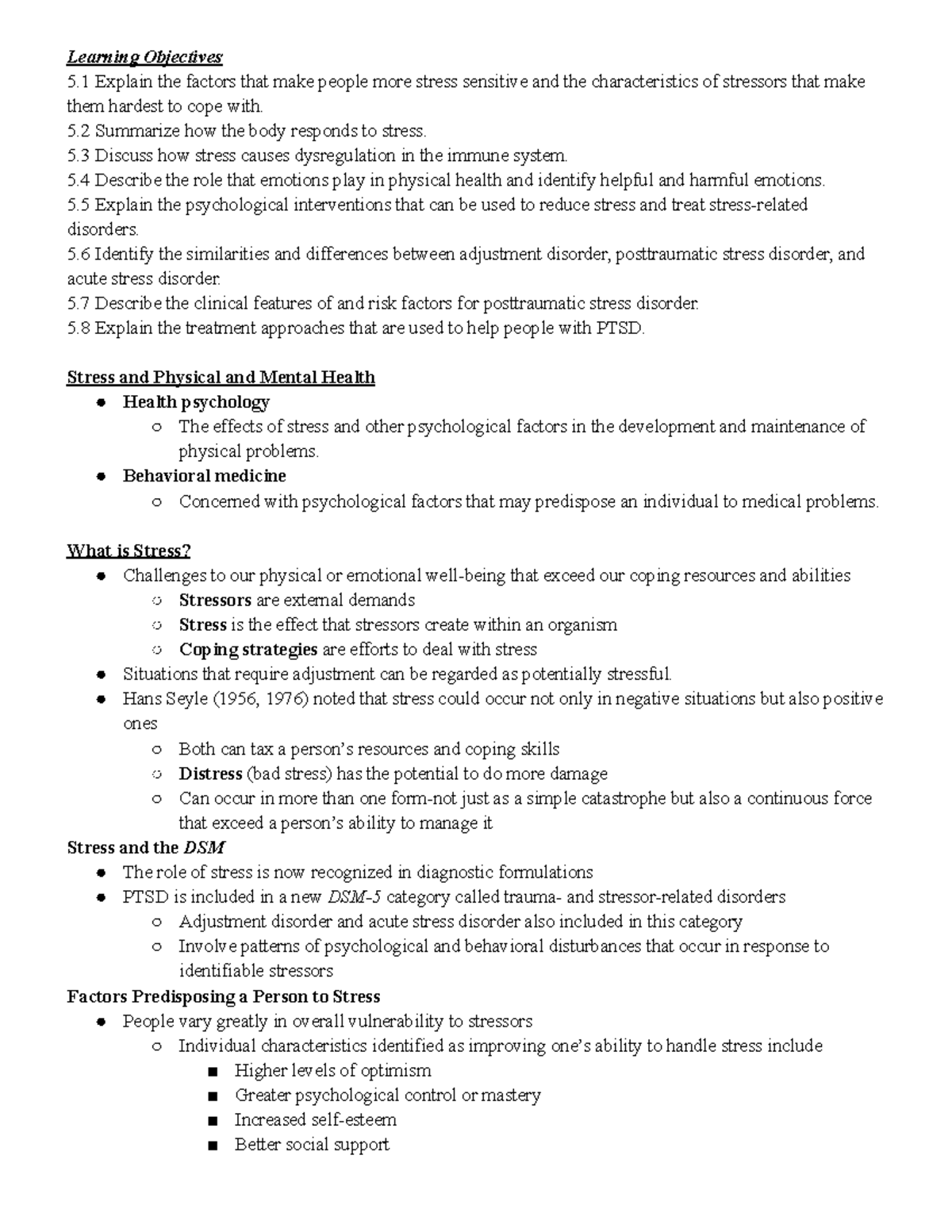 PSYC430 Chapter 5 - Stress and Physical and Mental Health - Learning ...