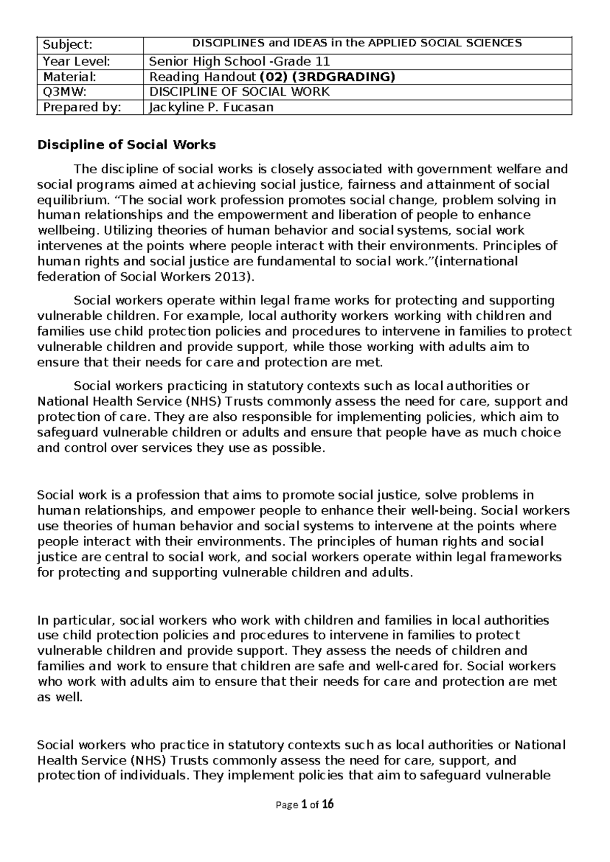 Diass Social WORK Introduction - Subject: DISCIPLINES and IDEAS in the ...