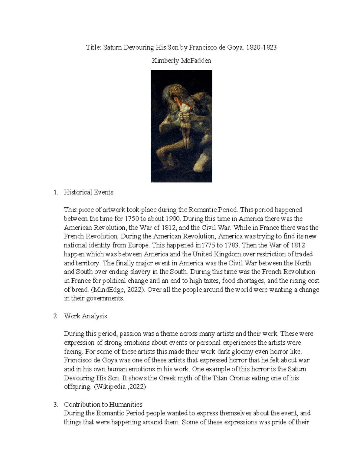 Humanities Paper - Title: Saturn Devouring His Son by Francisco de Goya ...