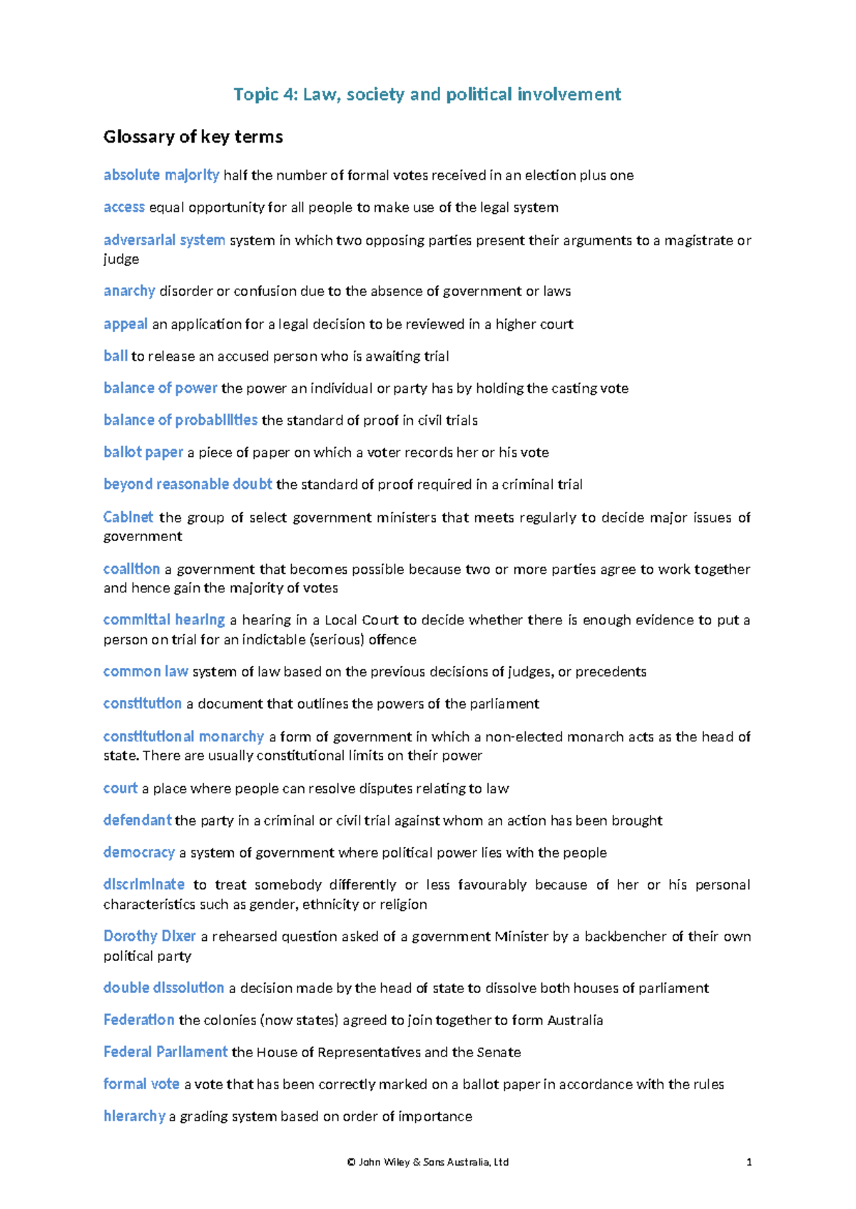 4.1. Glossary OF KEY Terms - Topic 4: Law, society and political involvement Glossary of key ...