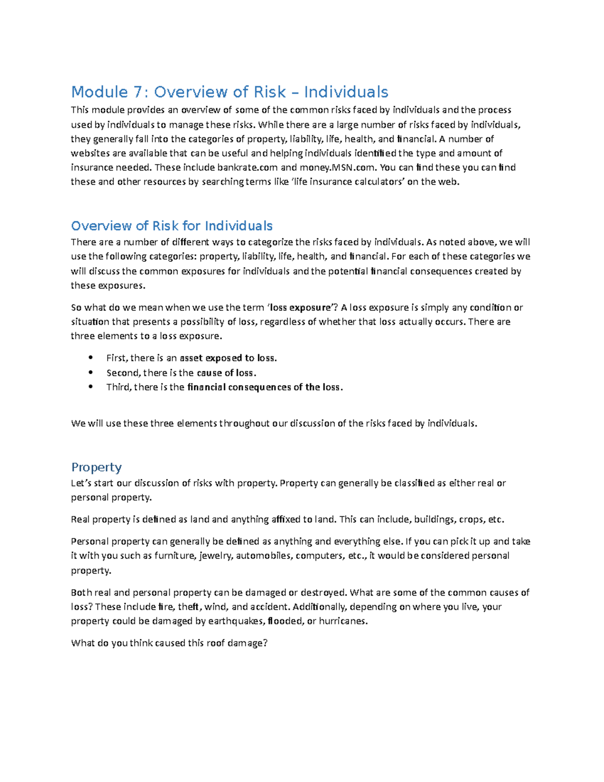 Module 7 Reading - Module 7: Overview of Risk – Individuals This module ...