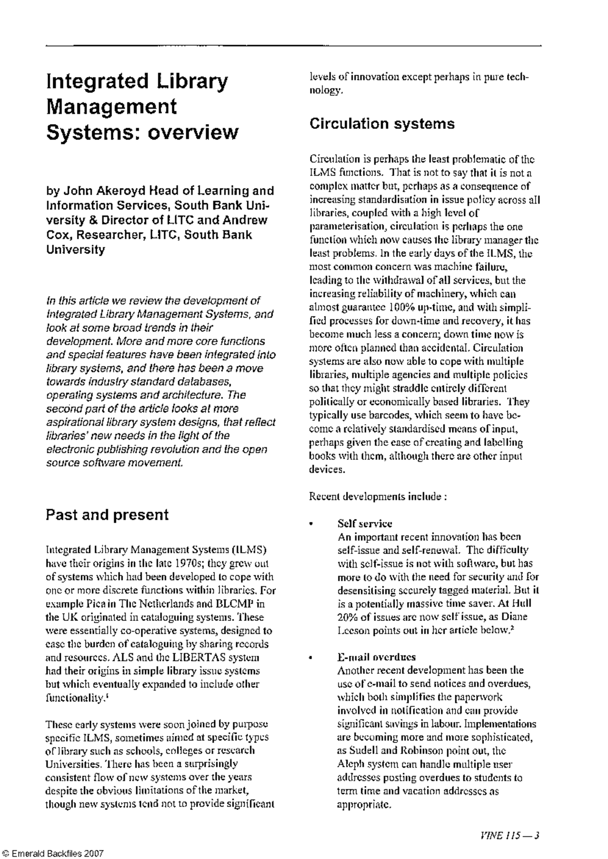 Integrated Library Management Systems Overview by John Akeroyd Andrew ...