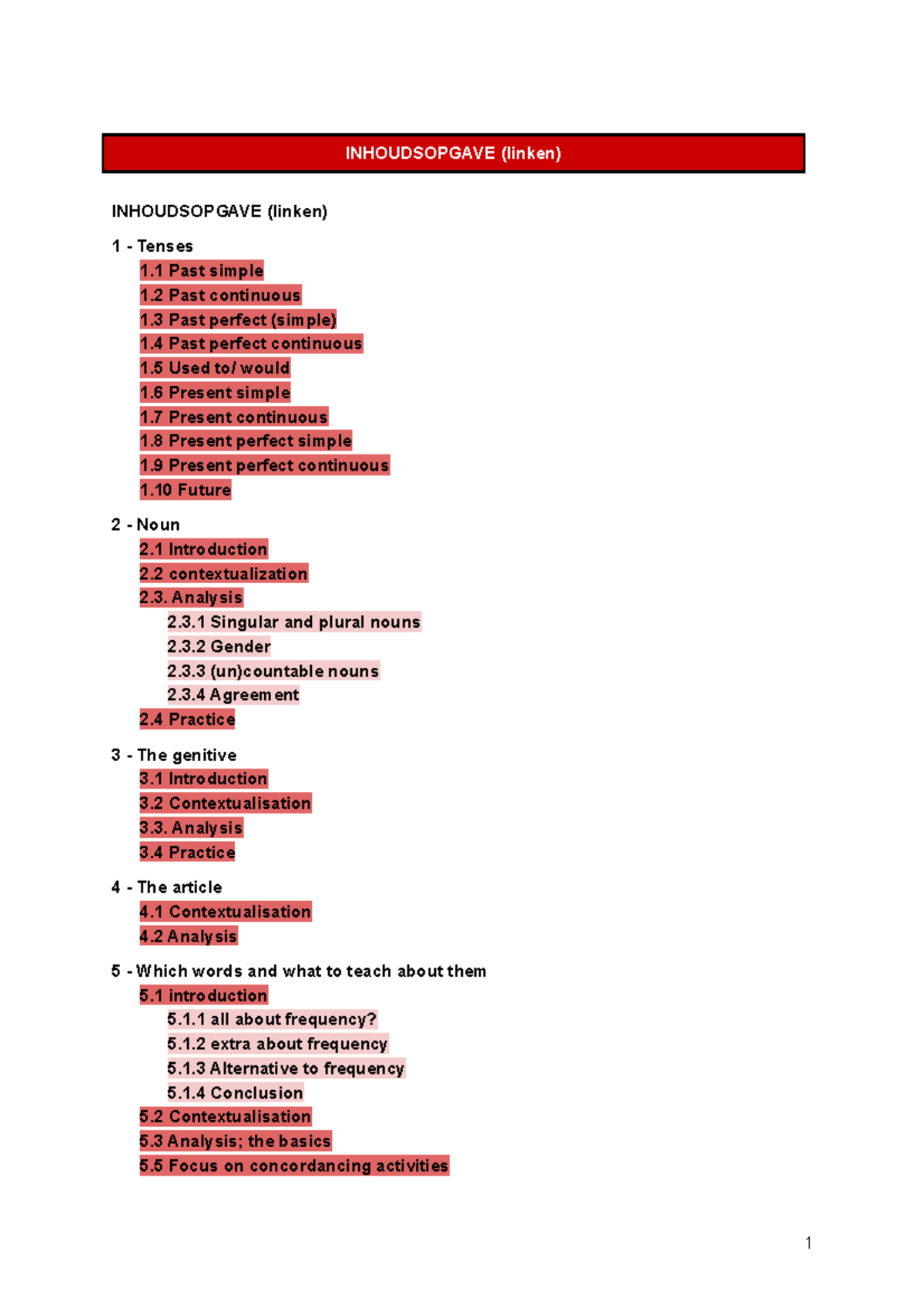 Engels Taalsysteem; semester 1 - INHOUDSOPGAVE (linken) INHOUDSOPGAVE ...