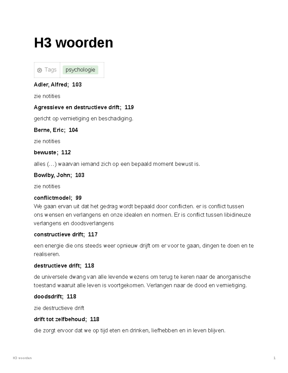 Woordenlijs H3 - H3 woorden Tags psychologie Adler, Alfred; 103 zie ...