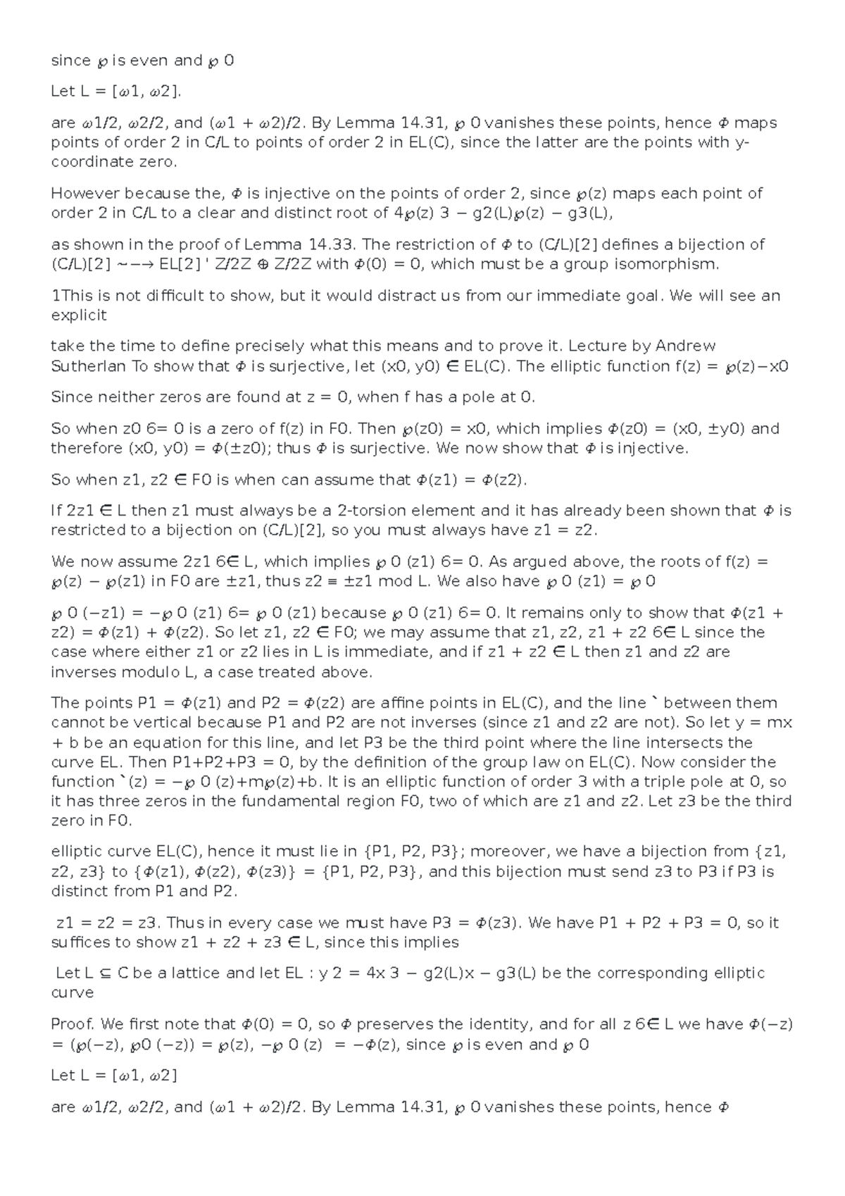 Lecture 23 - since ℘ is even and ℘ 0 Let L = [ω1, ω2]. are ω1/2, ω2/2, and (ω1 + ω2)/2. By Lemma ...