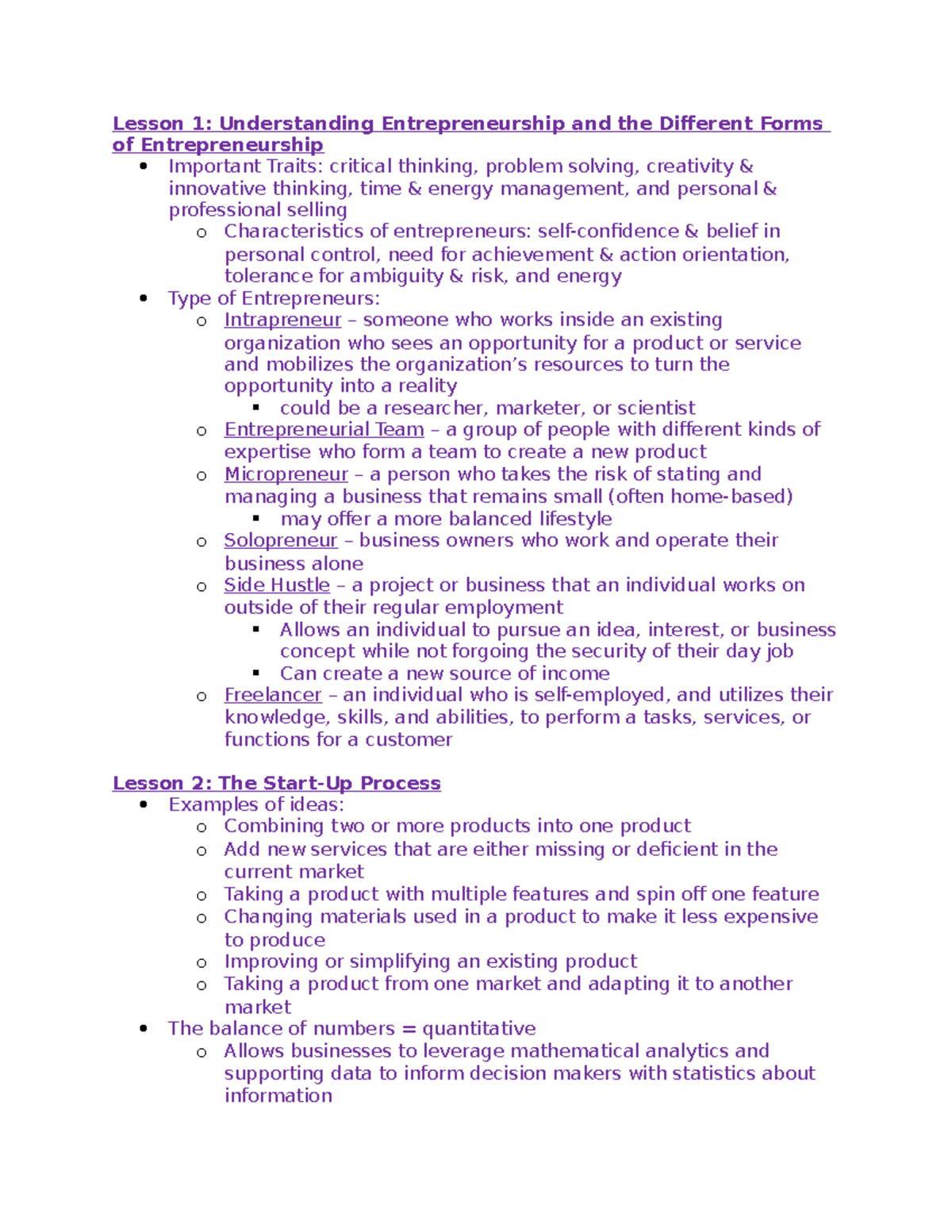 Entrepreneurship - Class Notes - Lesson 1: Understanding ...