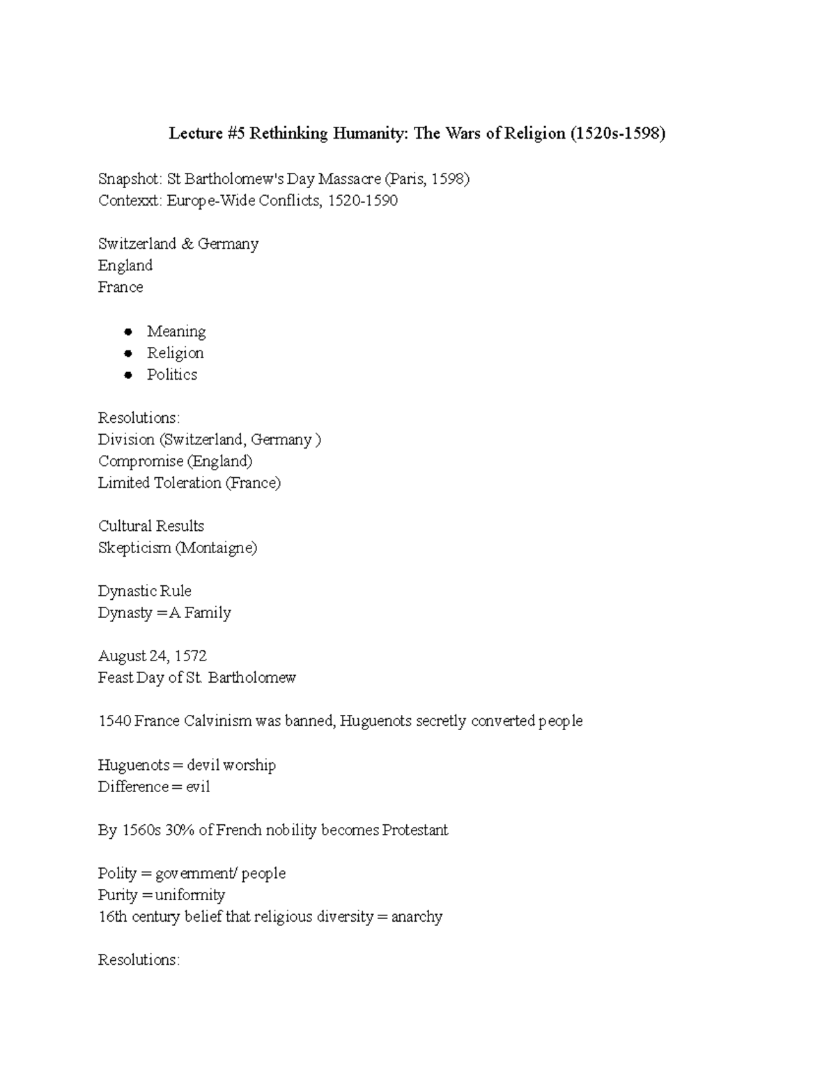 Lecture #5 Rethinking Humanity The Wars of Religion (1520s-1598 ...
